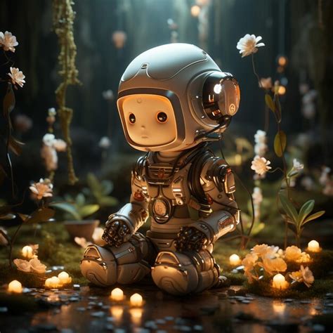 Premium Photo There Is A Small Robot Sitting On The Ground Surrounded By Flowers Generative Ai