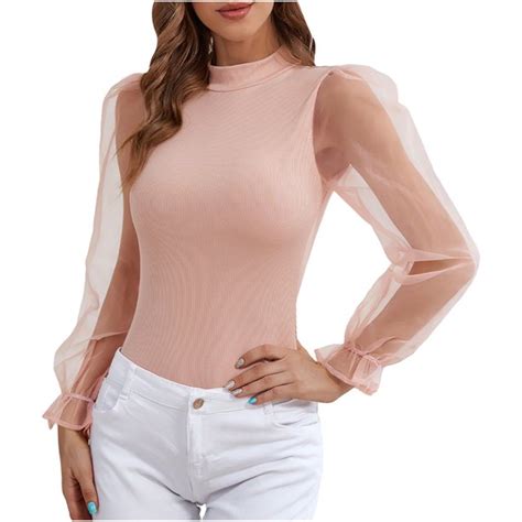 Moda Mujer Casual Jerseys Manga Larga Malla Empalme Cuello Alto