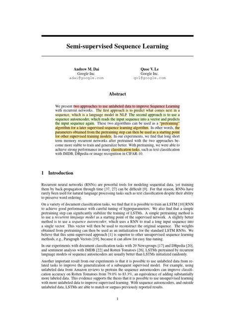 Nips 2015 Semi Supervised Sequence Learning Paper Pdf Computational Neuroscience Algorithms