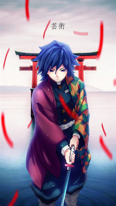 Demon Slayer Giyuu Tomioka Back View With Sword And Flying Scarf On