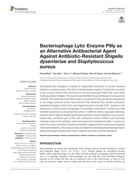 Pdf Bacteriophage Lytic Enzyme P9ly As An Alternative Antibacterial Agent Against Antibiotic
