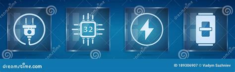 Set Electric Plug Processor With Microcircuits Cpu Lightning Bolt And