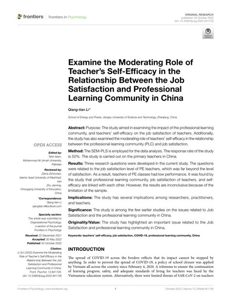 Pdf Examine The Moderating Role Of Teachers Self Efficacy In The