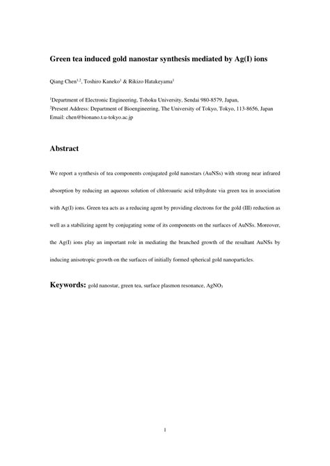 Pdf Green Tea Induced Gold Nanostar Synthesis Mediated By Ag I Ions