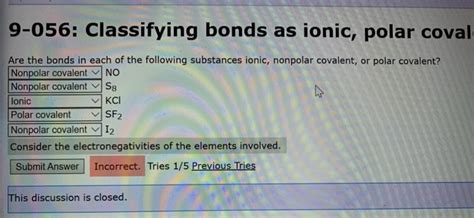 Solved 9 056 Classifying Bonds As Ionic Polar Coval Are