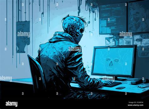 Hacker In A Blue Hoody Standing In Front Of A Code Background Neural