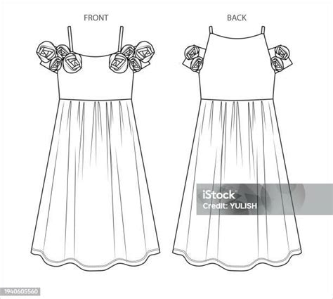 벡터 플레어 긴 드레스 패션 Cad 여자 미디 드레스 어깨 끈 기술 도면 프릴 디테일 드레스 플랫 서식 파일 스케치 저지 또는 우븐 패브릭 드레스 앞면 뒷면 화이트 색상 0