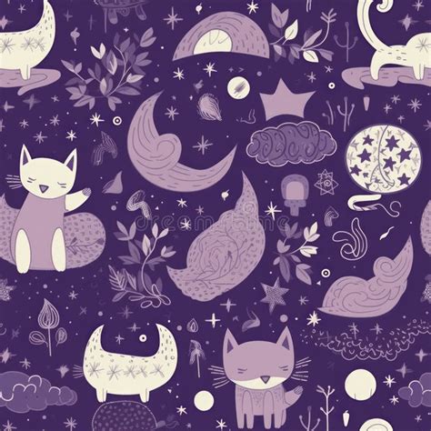 Seamless Pattern With White Cats Moons Clouds And Stars On Violet