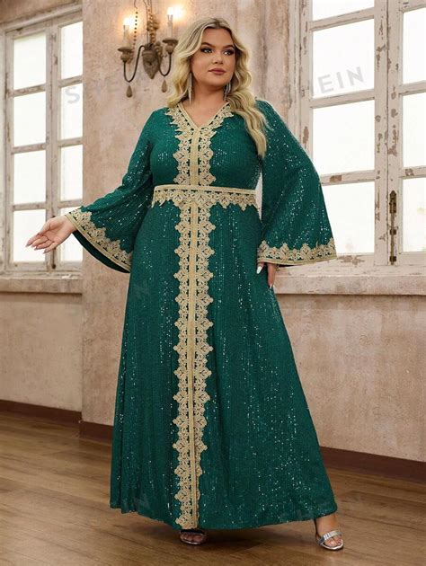 Fniseti Women Plus Size Sequin V Neck Long Sleeve Lace Evening Party