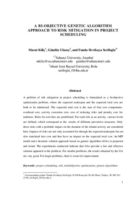 Pdf A Bi Objective Genetic Algorithm Approach To Risk Mitigation In Project Scheduling Murat