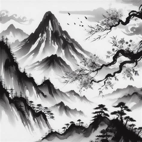 Ink Wash Using Techniques From Traditional East Asian Ink Wash P Stock