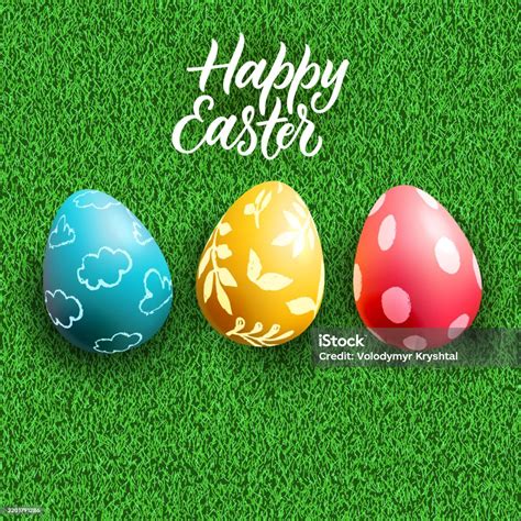부활절 배너 포스터 인사말 카드 배경 푸른 잔디밭에 다채로운 3d 달걀 벡터 휴일 그림 0명에 대한 스톡 벡터 아트 및 기타 이미지 Istock