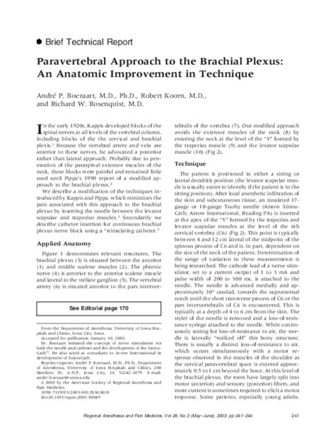 Pdf Paravertebral Approach To The Brachial Plexus An Anatomic