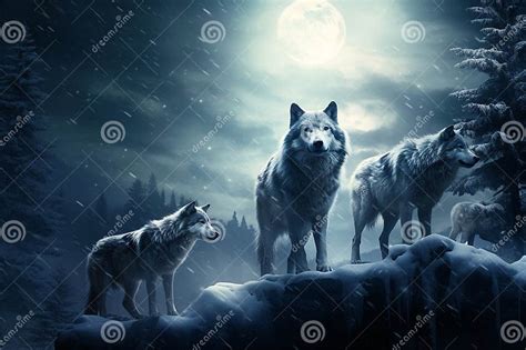 A Majestic Pack Of Wolves Under A Full Moon In A Vast Snow Covered
