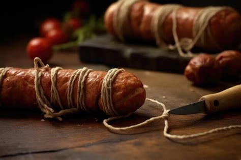 Premium Ai Image Tying Off Filled Sausage Links With Twine Created With Generative Ai