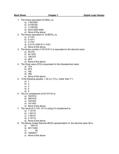 Digital Logic Design Worksheet Conversions And Complements