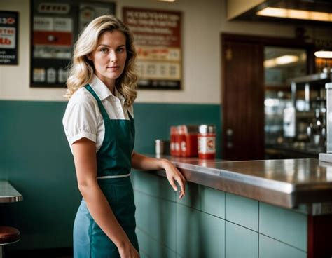 Photo Of Beautiful Woman As A Waitress Standing In Retro Dining