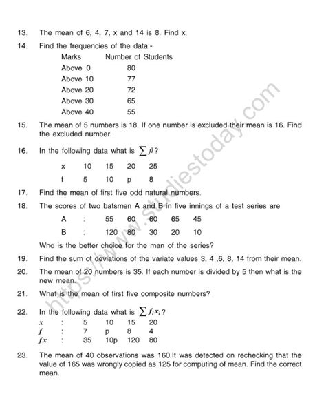 10th Maths Worksheet Cbse Class 10 Mental Maths Statistics And