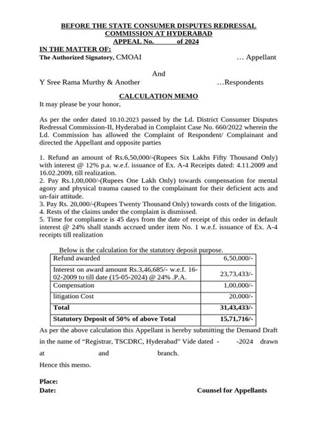 Calculation Memo Cmoai Vs Y Sree Rama Murthy Pdf Justice Crime