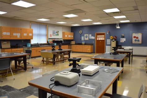 Empty Science Classroom With Microscopes Premium Ai Generated Image