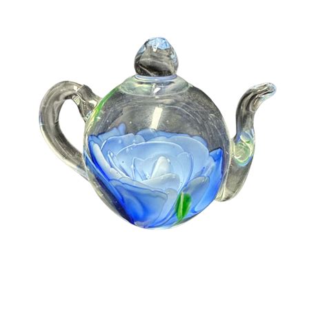 Art Glass Clear Teapot Paperweight With Blue Flower Inside Figurines