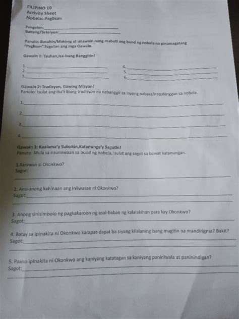 FILIPINO 10 Activity Sheet Nobela Paglisan StudyX