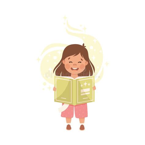 Cute Girl Standing And Reading Open Book And Dreaming Vector