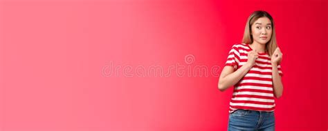 Alarmed Silly Blond Asian Girl Wear Striped T Shirt Stay Away