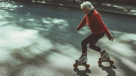 An Old Woman Rollerblading On The Asphalt Premium Ai Generated Image