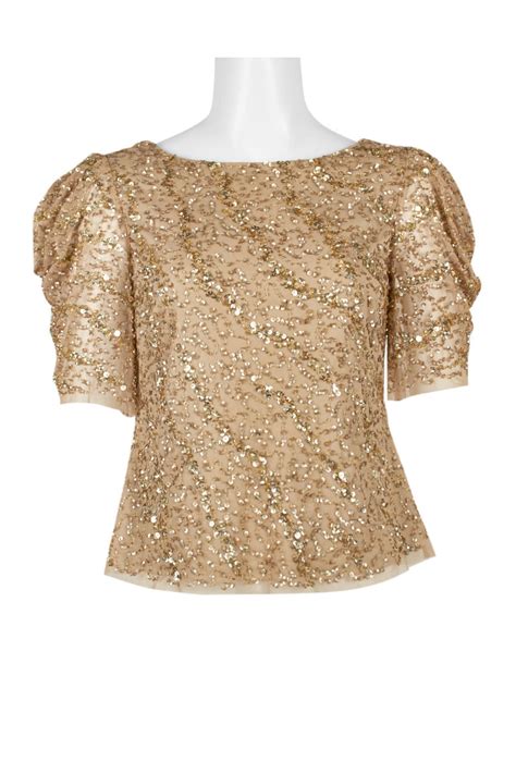 Adrianna Papell Boat Neck Short Sleeve Zipper Back Embellished Mesh To