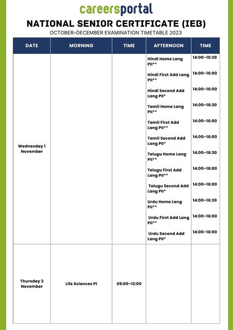 IEB Matric Final Exam Time Table
