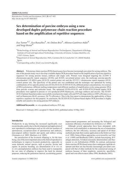 Pdf Sex Determination Of Porcine Embryos Using A New Developed Duplex