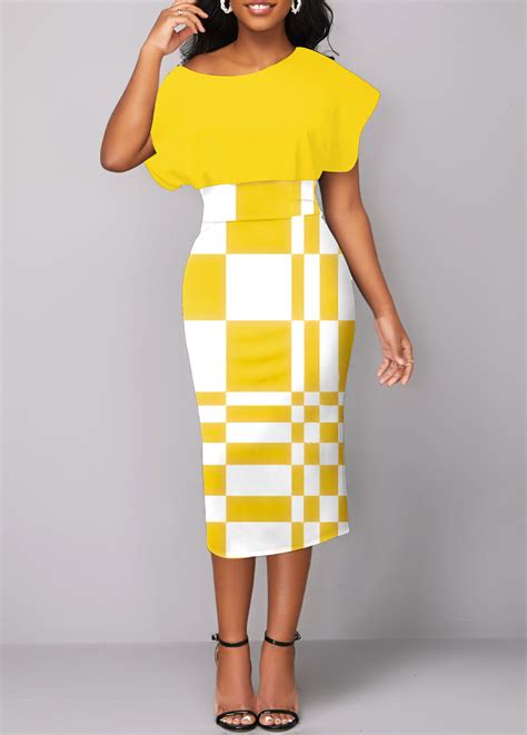 Geometric Print Asymmetry Yellow Boat Neck Bodycon Dress