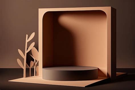 3d 파스텔 브라운 포디움 디스플레이 자연 나무 스탠드 제품 배경 Generative Ai 프리미엄 사진