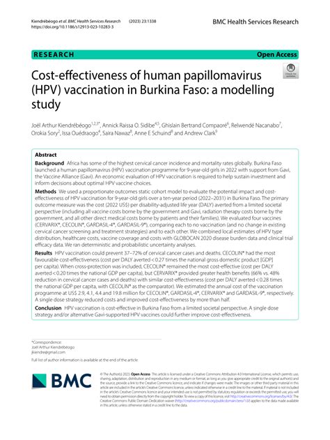 Pdf Cost Effectiveness Of Human Papillomavirus Hpv Vaccination In Burkina Faso A Modelling