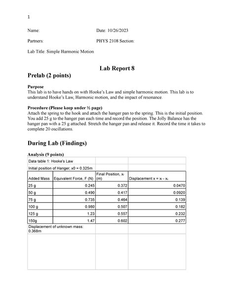 Lab Report Outline For PHYS Name Date Partners PHYS Section Lab Title