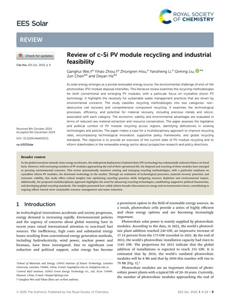 Pdf Review Of C Si Pv Module Recycling And Industrial Feasibility
