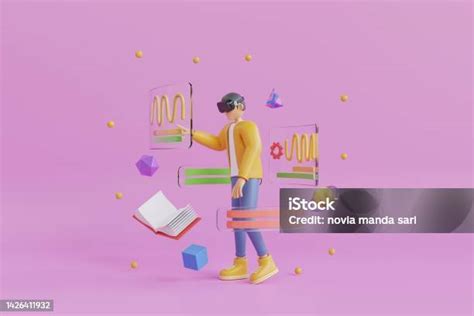 휴대 전화의 화면을 터치하는 3d 남자 메타버스 디지털 가상 현실 기술 안경과 헤드셋 Vr을 가진 남자의 가상 공간에 연결