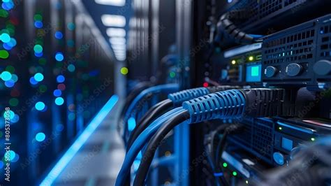 Data Center With Network Equipment Fiber Optics And Internet Cables In