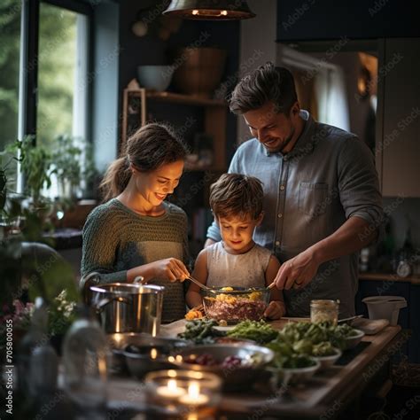Feliz Familia Joven Con Niños Cocinando Juntos En La Cocina Preparando