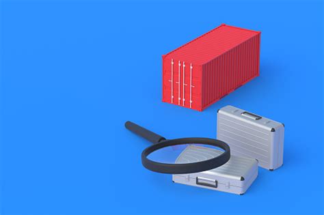 표준화된 용기와 돋보기 근처의 여행 가방 투자자 운송 회사에 대한 투자 검색 세관에서 첨부 된 문서의 검사 화물 검사 공간을 복사합니다 3d 렌더 3차원 형태에 대한 스톡