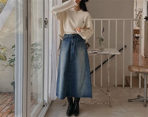 리리앤코 베런드 기모 뒷밴딩 워싱 데님 롱 스커트 겨울 신상 겨울옷 워싱데님 빈티지 기모스커트 겨울스커트 청치마 청스커트 A라인 밴딩스커트 하이웨스트 데일리룩 페미닌룩