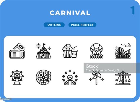 Ui에 대한 카니발 파선 윤곽 선명 아이콘 팩 웹 디자인 및 웹 사이트 응용 프로그램에 대한 픽셀 완벽한 얇은 라인 벡터 아이콘 세트 기차에 대한 스톡 벡터 아트 및 기타