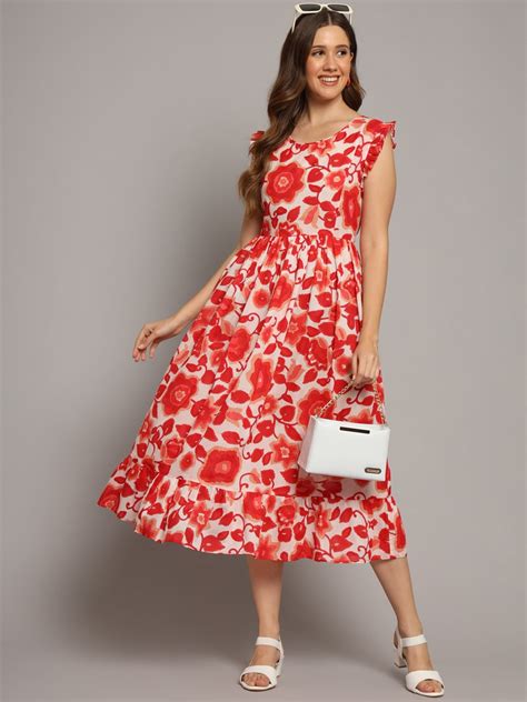 Buy Kalini Floral Printed Round Neck Cotton Fit And Flare Midi Dress