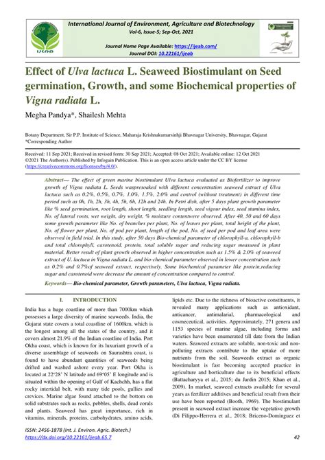 Pdf Effect Of Ulva Lactuca L Seaweed Biostimulant On Seed Germination Growth And Some