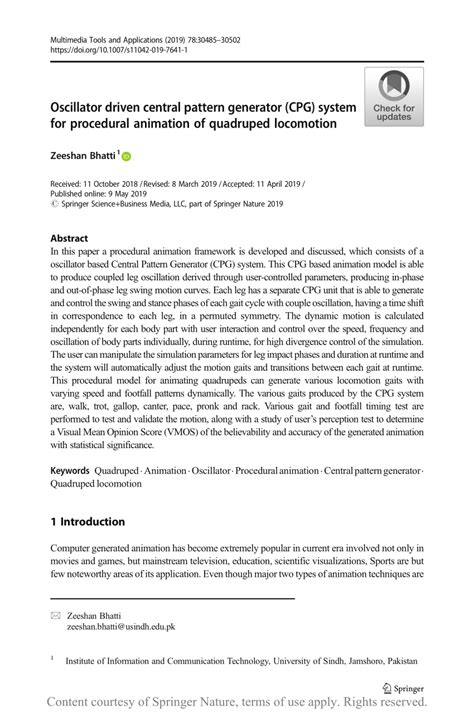 Oscillator Driven Central Pattern Generator Cpg System For Procedural Animation Of Quadruped