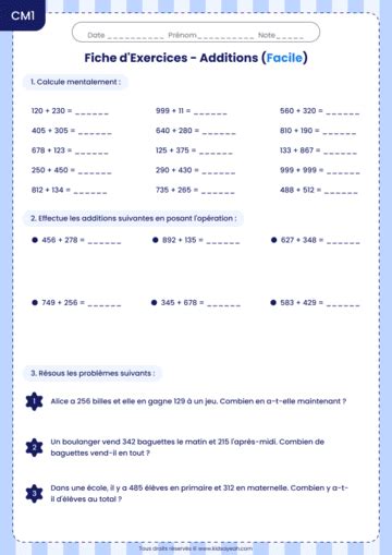 Fiche additions CM1 Exercices PDF à imprimer