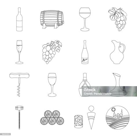와인 제품 디자인에 대 한 설정 컬렉션 아이콘을 설명합니다 장비 및 생산 와인의 기호 재고 웹 일러스트 벡터 디캔터에 대한 스톡 벡터 아트 및 기타 이미지 Istock