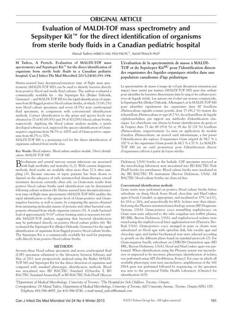 Pdf Evaluation Of Maldi Tof Mass Spectrometry And Sepsityper Kit™ For