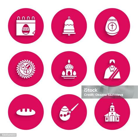 부활절 케이크와 달걀 페인트 브러시 교회 건물 예수 그리스도 빵 덩어리 고리 버들 둥지 달력을 아이콘으로 설정하십시오 벡터 4월에 대한 스톡 벡터 아트 및 기타 이미지